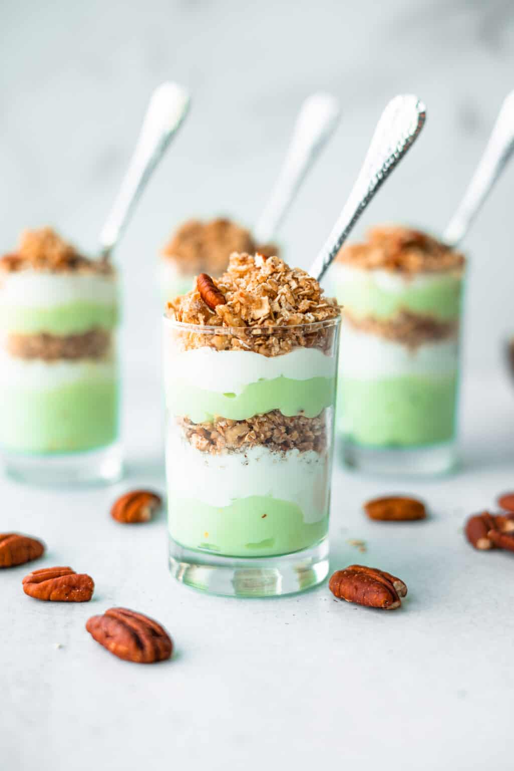 Pistachio Pudding Dessert Parfaits with Pecan Crumble